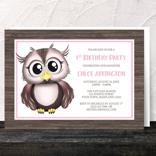 Owl Birthday Party Invitations Girl Rustic Pink and Brown Wood Design ...