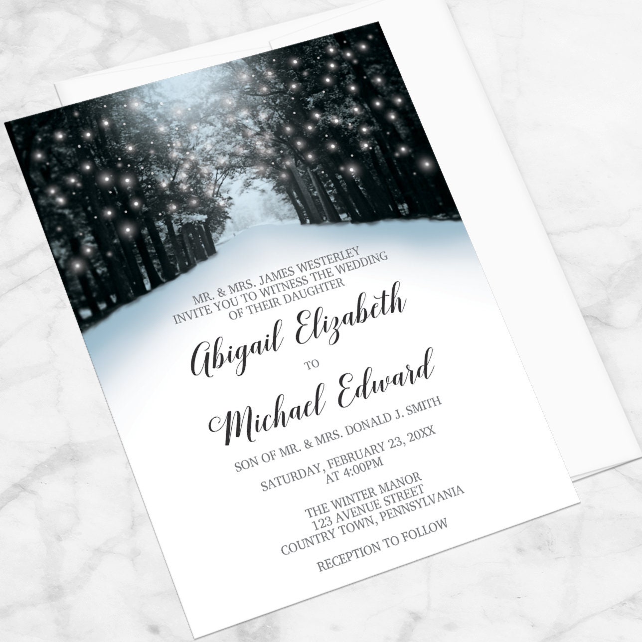 Winter Wedding Invitations, Snowy Road Tree Lights, Winter Wonderland ...