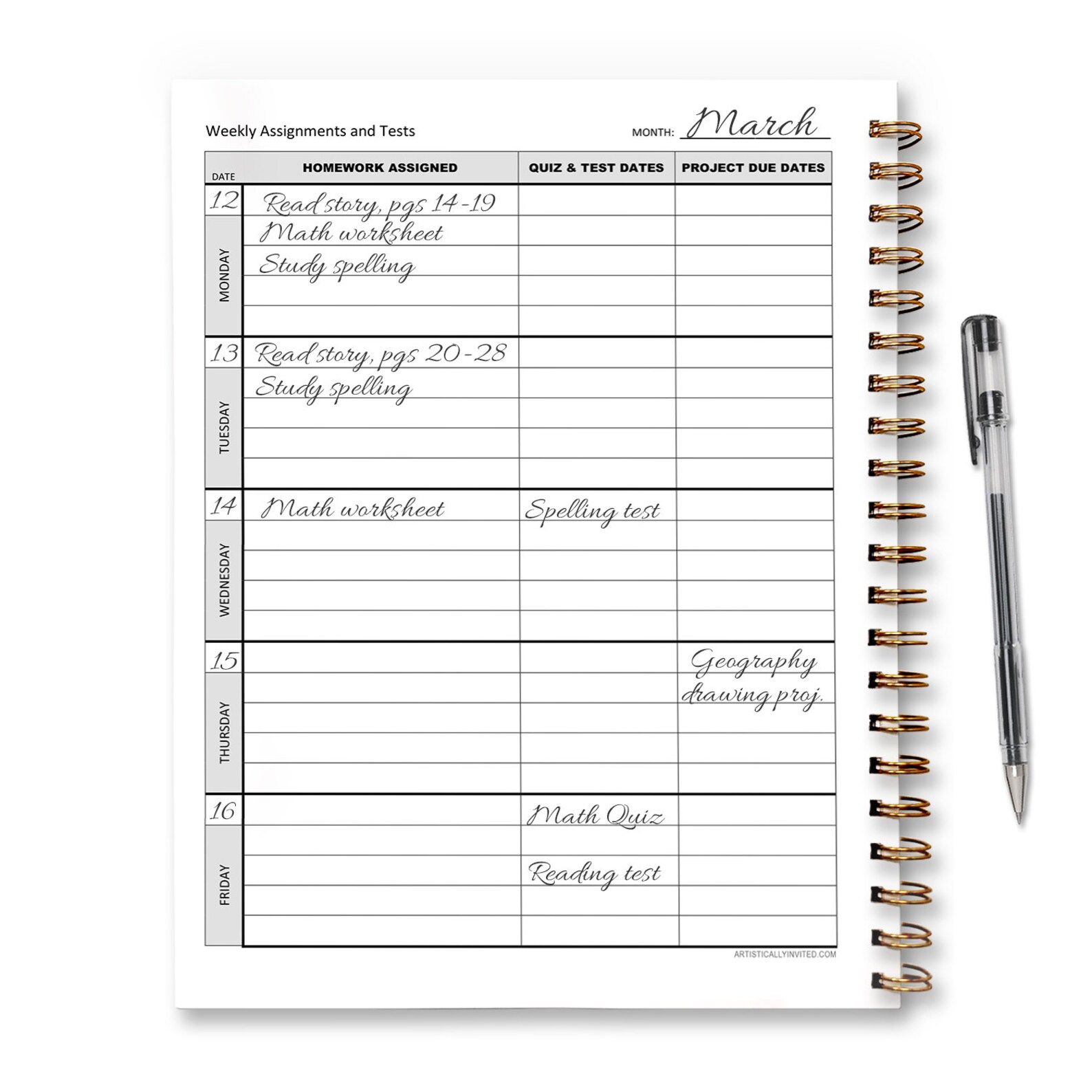 Weekly Assignments Book for Students or Teachers, Owl Bee Daisy, School ...