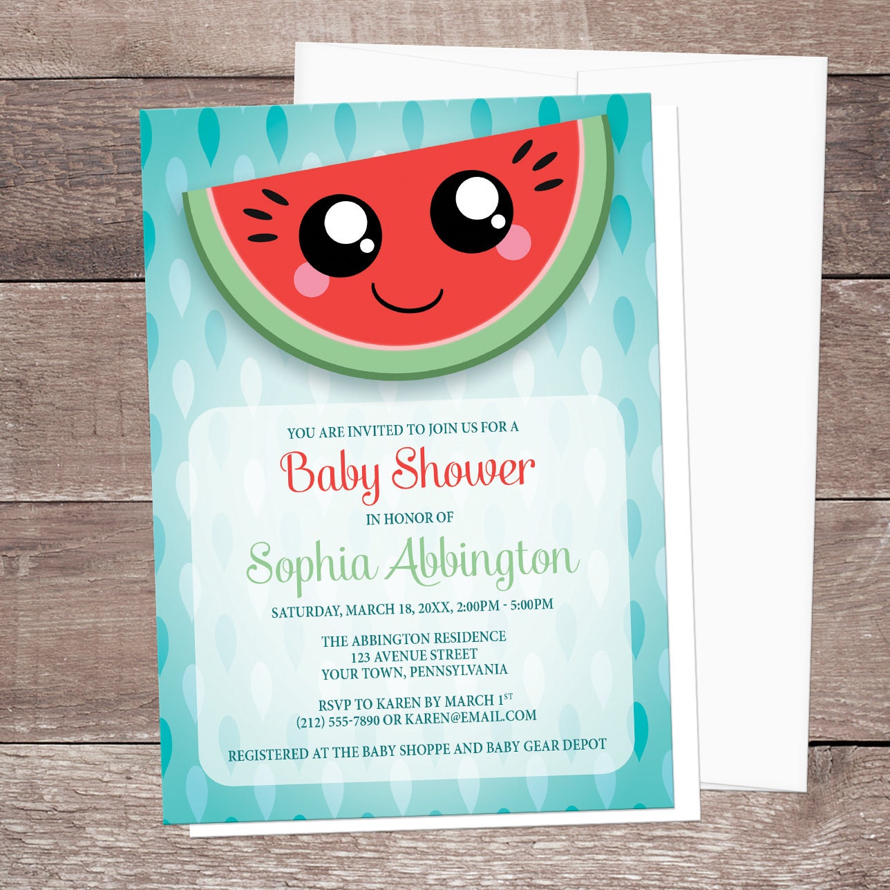 Watermelon Baby Shower Invitations Girl Smiling Watermelon Slice Kawaii ...