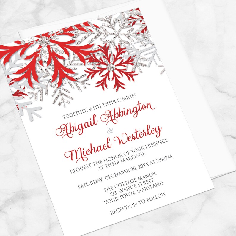 Winter Wedding Invitations Red Silver Snowflake Design on - Etsy