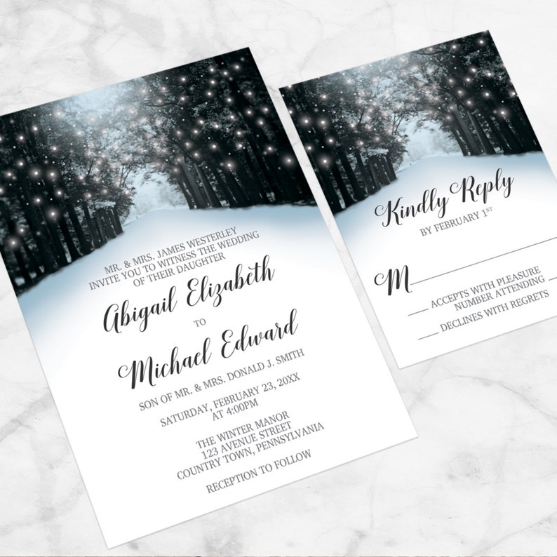 Winter Wedding Invitations, Snowy Road Tree Lights, Winter Wonderland ...