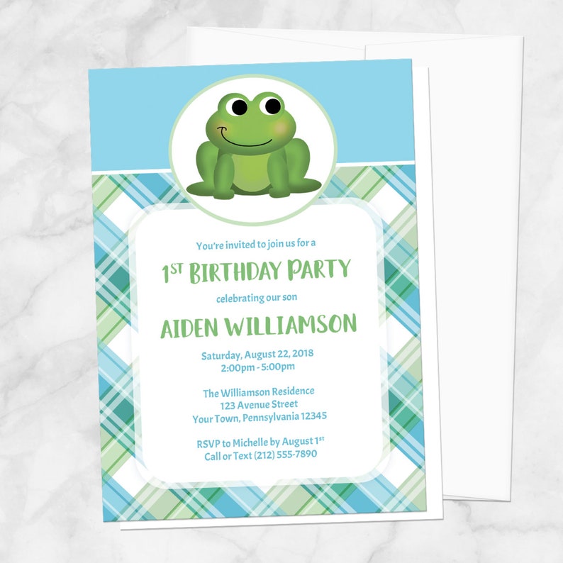 Cute Frog Birthday Party Invitations, Green Blue Plaid 1st Birthday or ...