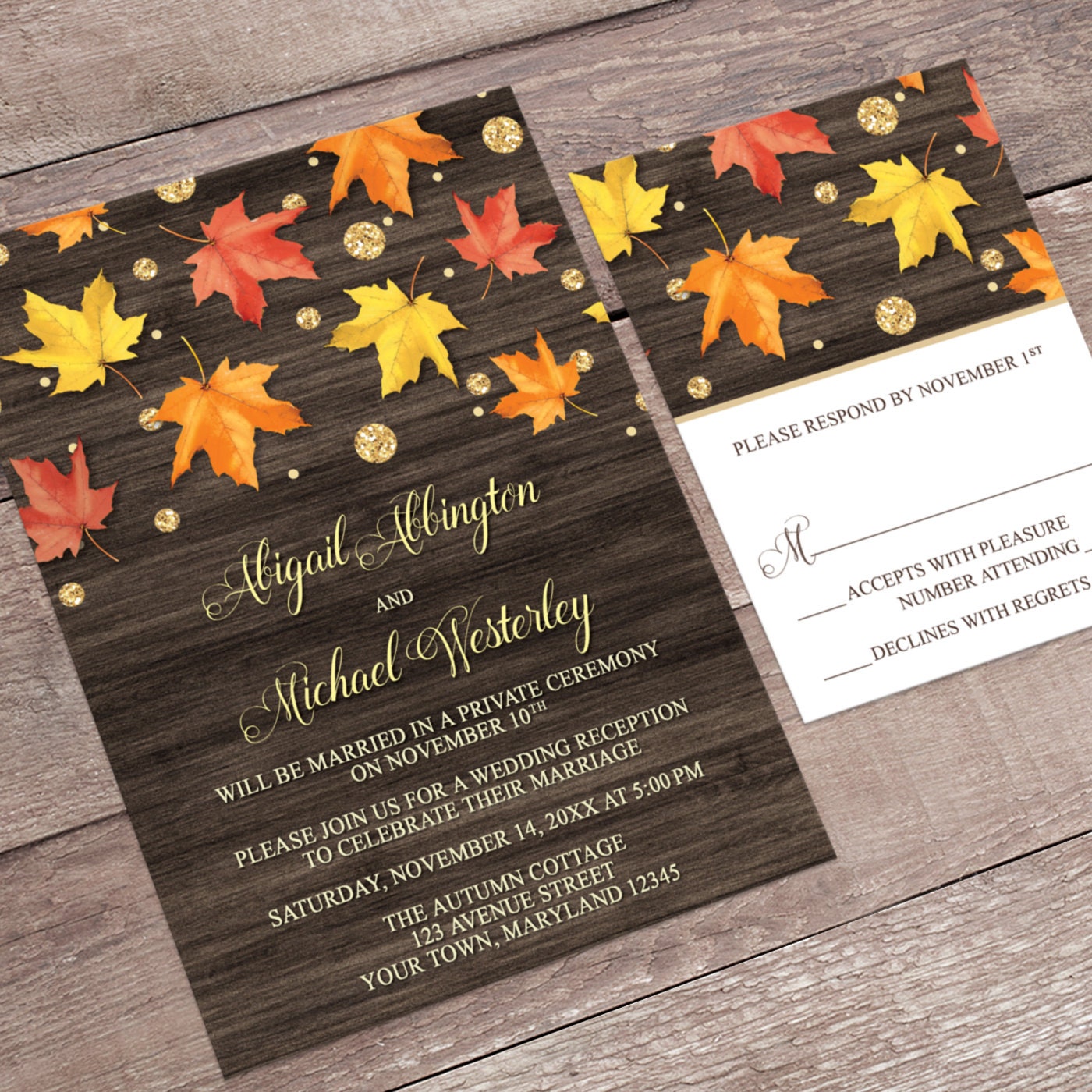 Autumn Reception Only Invitations Rustic Falling Leaves Wood, Gold ...