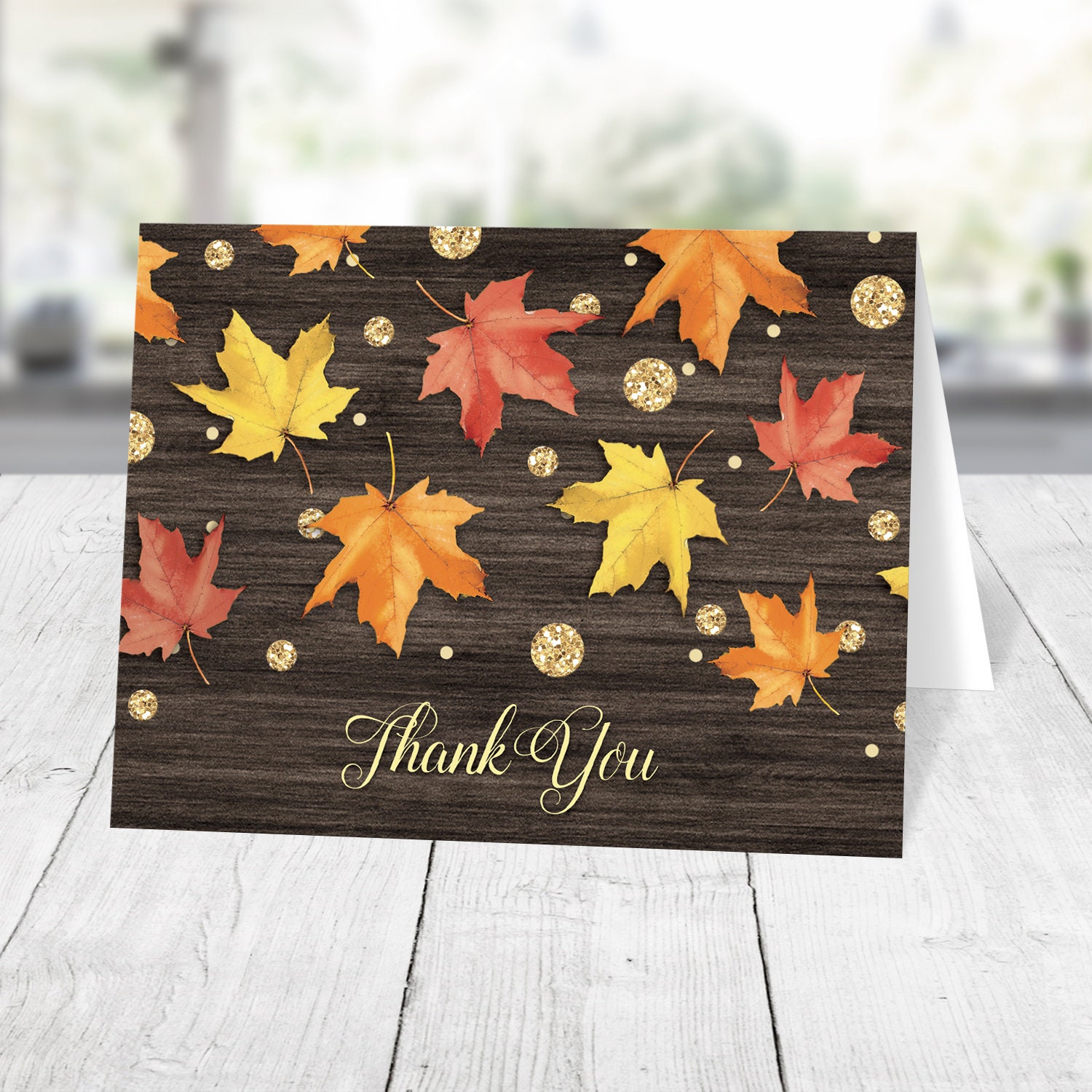 Autumn Thank You Cards, Rustic Falling Leaves With Gold, Gold Glitter ...