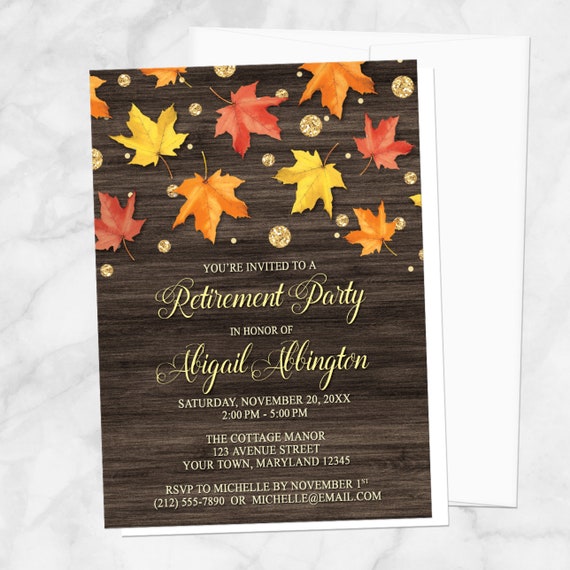Autumn Retirement Invitations, Rustic Falling Leaves Gold, fall ...