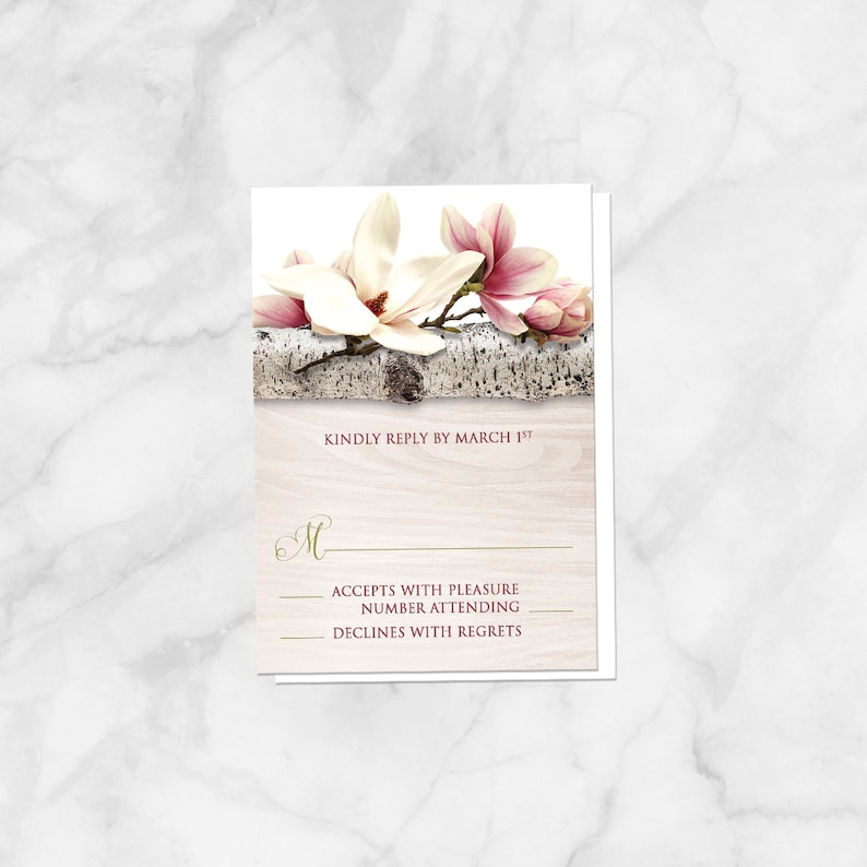 Magnolia Wedding Invitations Rustic Floral Birch Light Wood | Etsy