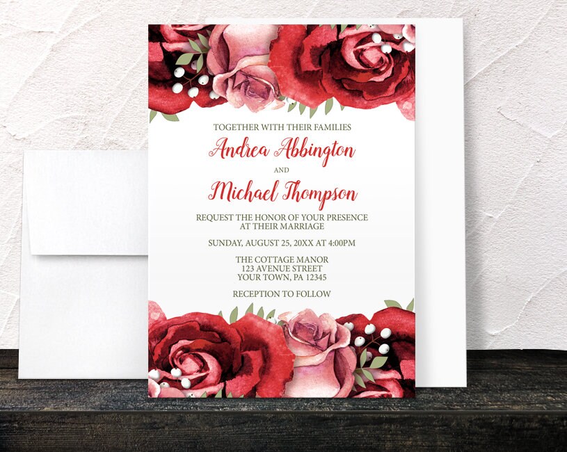 Red Rose Wedding Invitations Rustic Red Pink Rose With Green on White ...