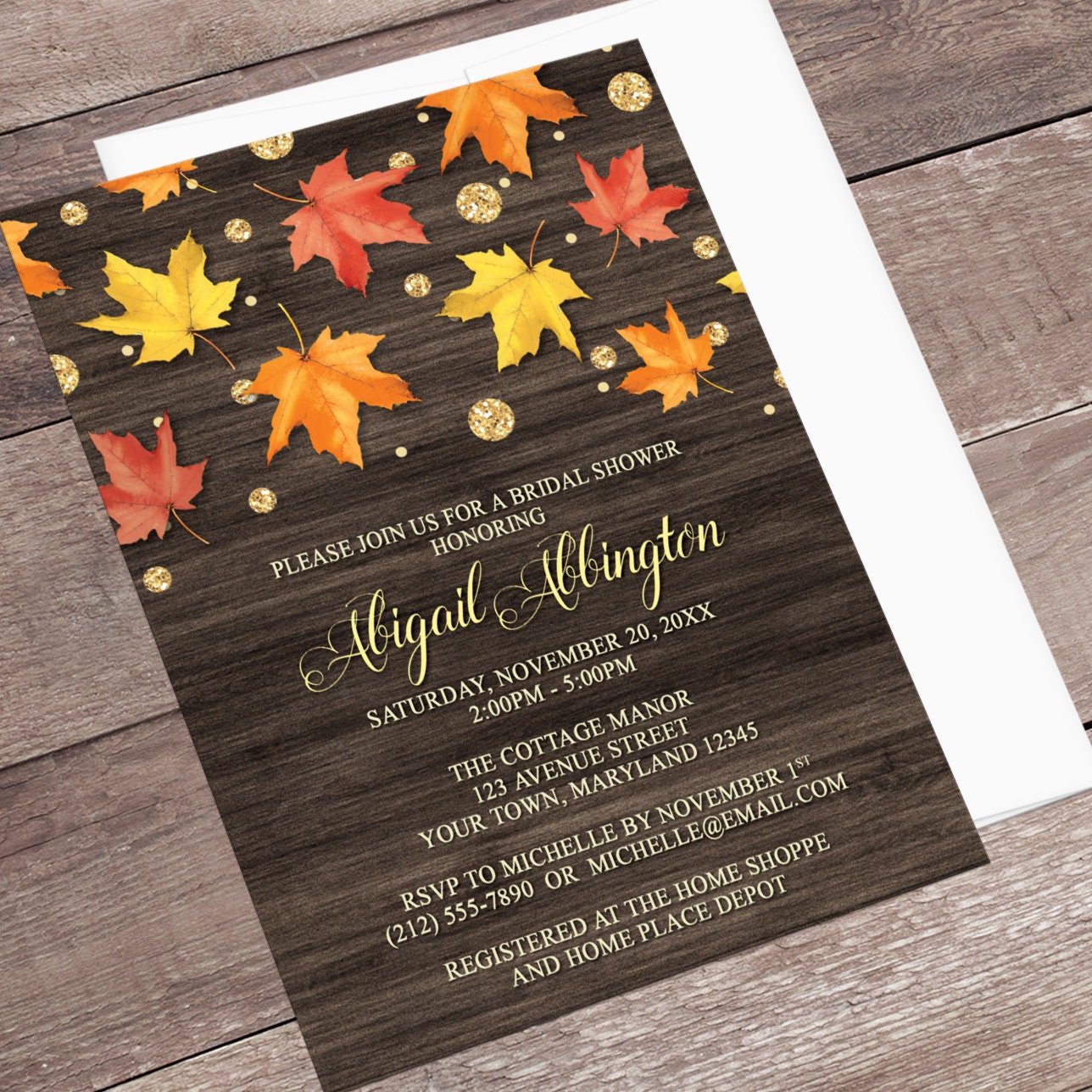 Autumn Bridal Shower Invitations, Rustic Falling Leaves Gold, Fall ...