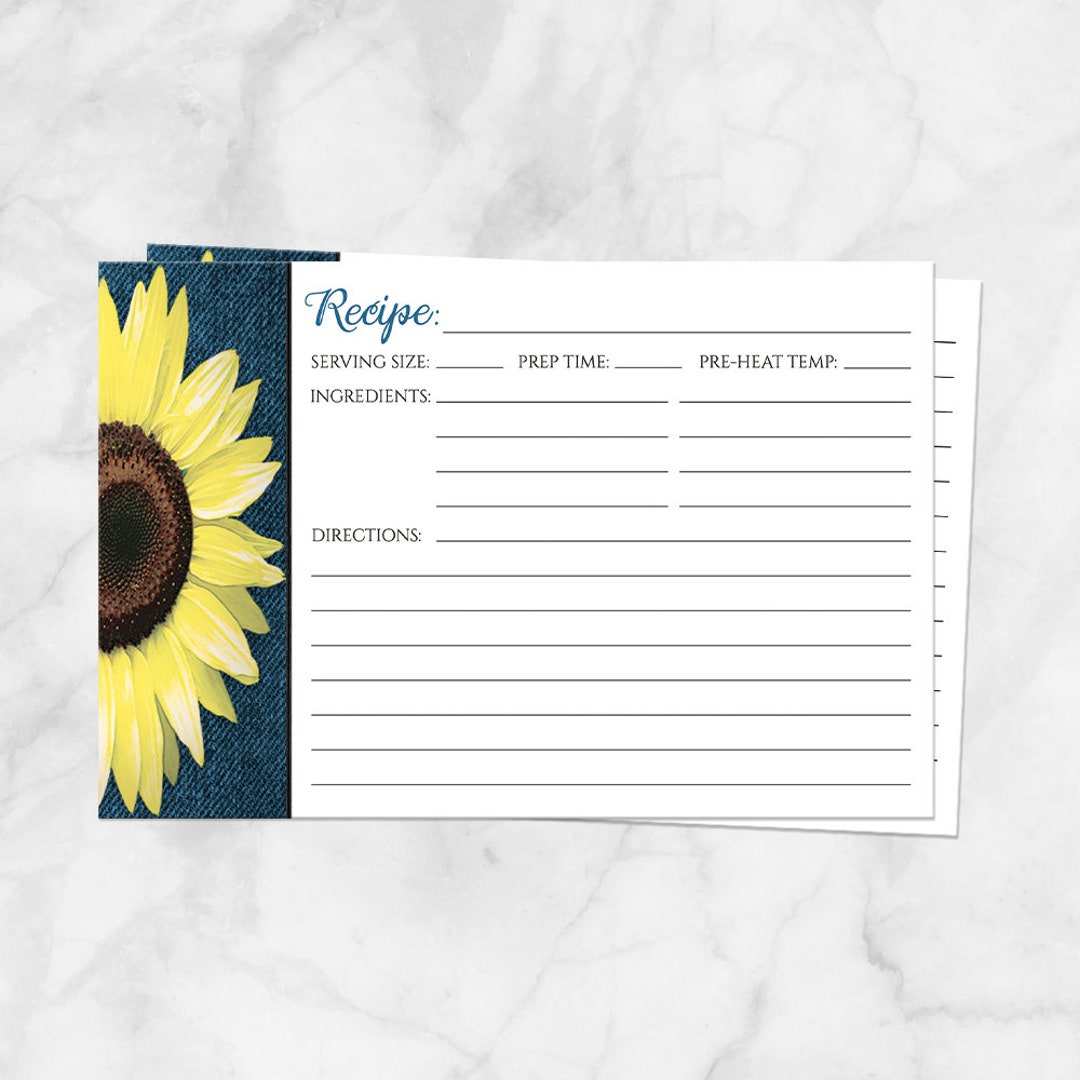 Sunflower Recipe Cards: Rustic Denim Floral Design (4x6 Printed) - Etsy