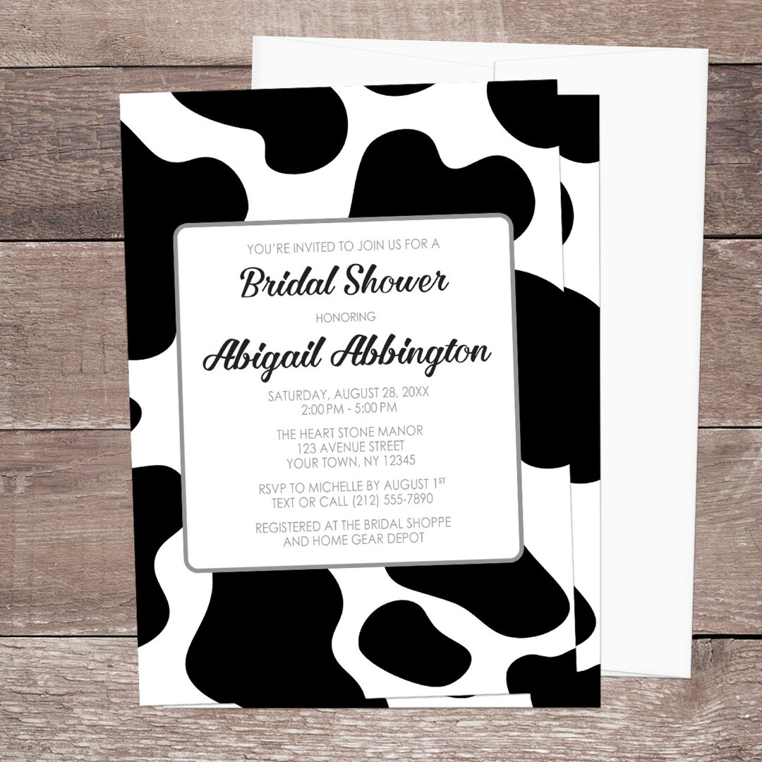 Cow Print Bridal Shower Invitations With Envelopes - Rustic Black and ...