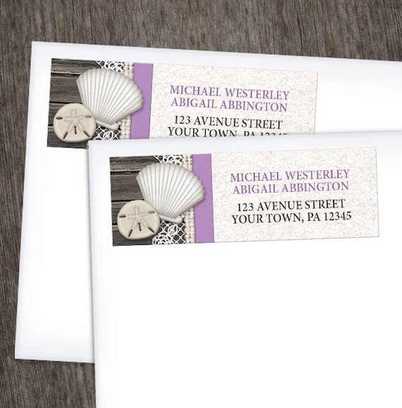 Beach Address Labels - Seashells Purple Lace on Rustic Brown Wood with ...