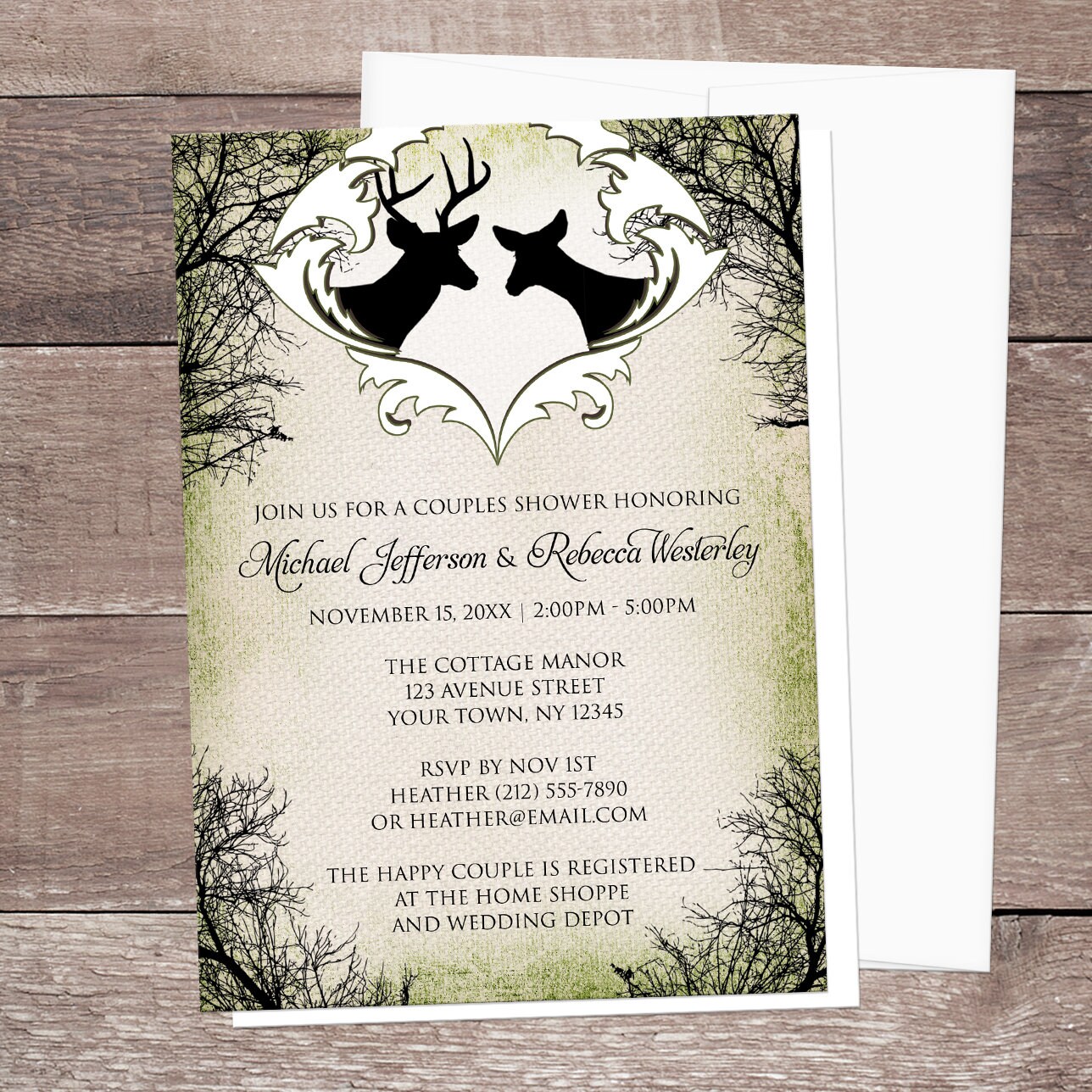 Rustic Deer Frame Couples Shower Invitations Green Woodsy Outdoorsy ...
