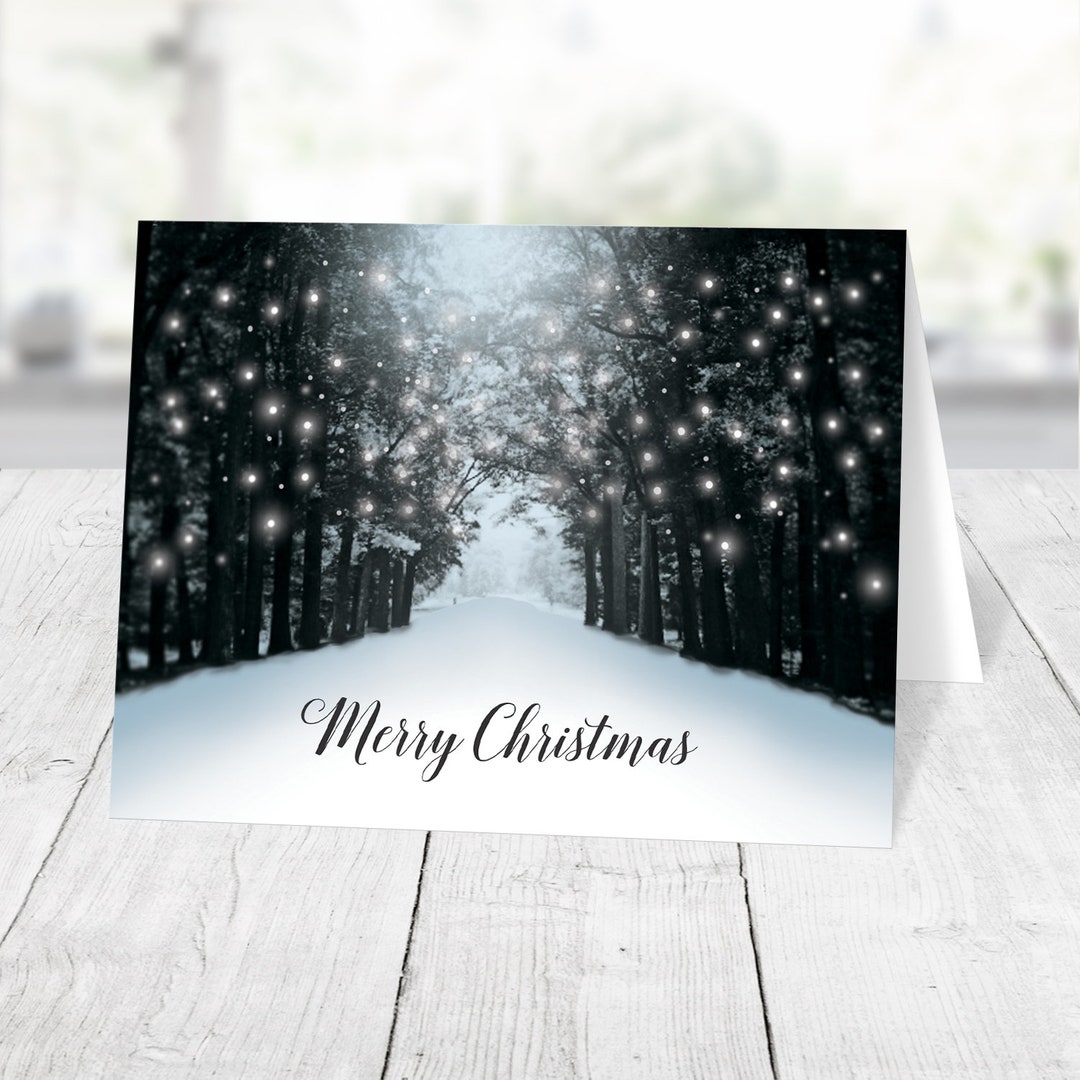 Winter Tree Lights Christmas Cards, Snowy Road, Winter Wonderland Merry ...