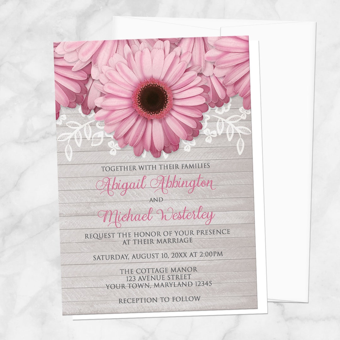 Pink Daisy Wedding Invitations, Rustic Floral Light Gray Wood - Printed ...