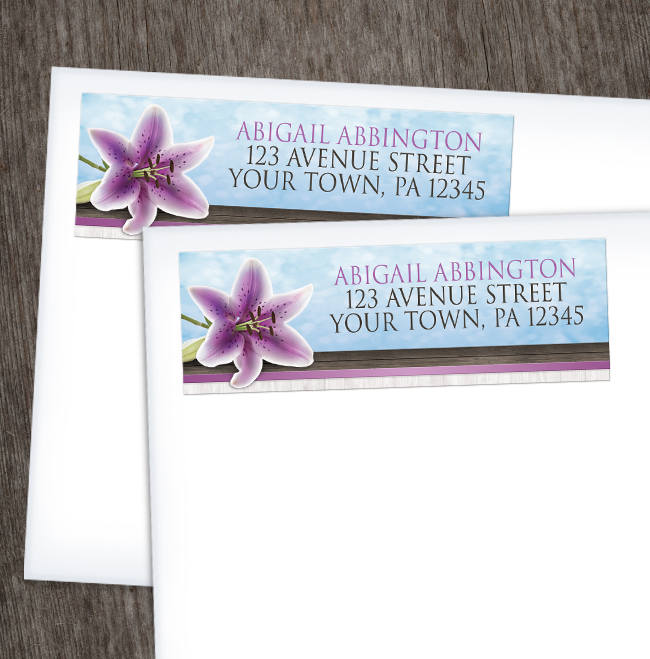 Purple Lily Address Labels Pretty Floral and Wood design | Etsy