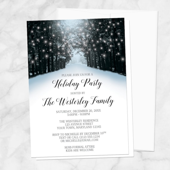 Winter Tree Lights Holiday Party Invitations, Snowy Road - Winter ...