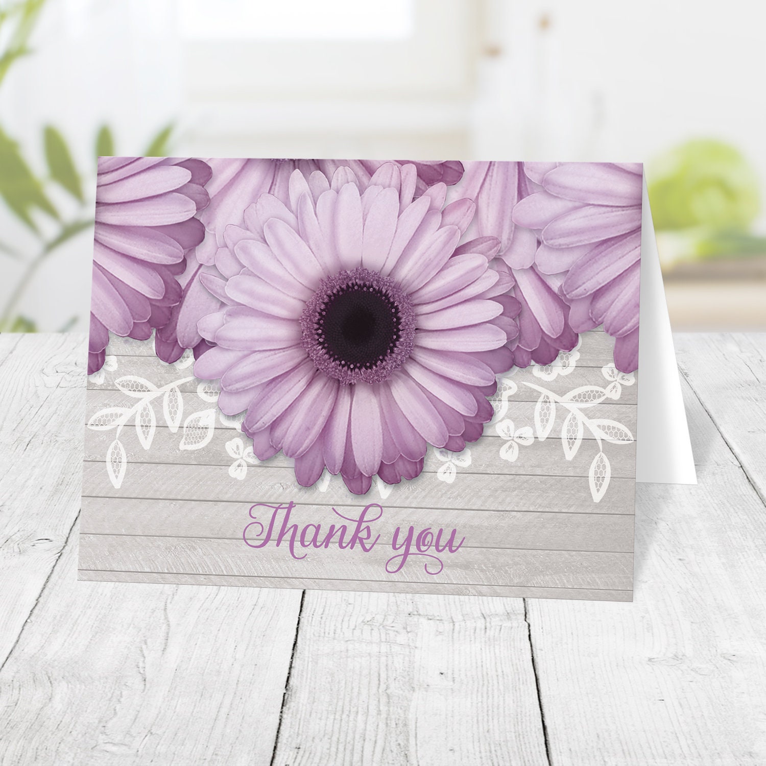 Purple Daisy Thank You Cards, Rustic Daisy Lace and Light Gray Wood ...