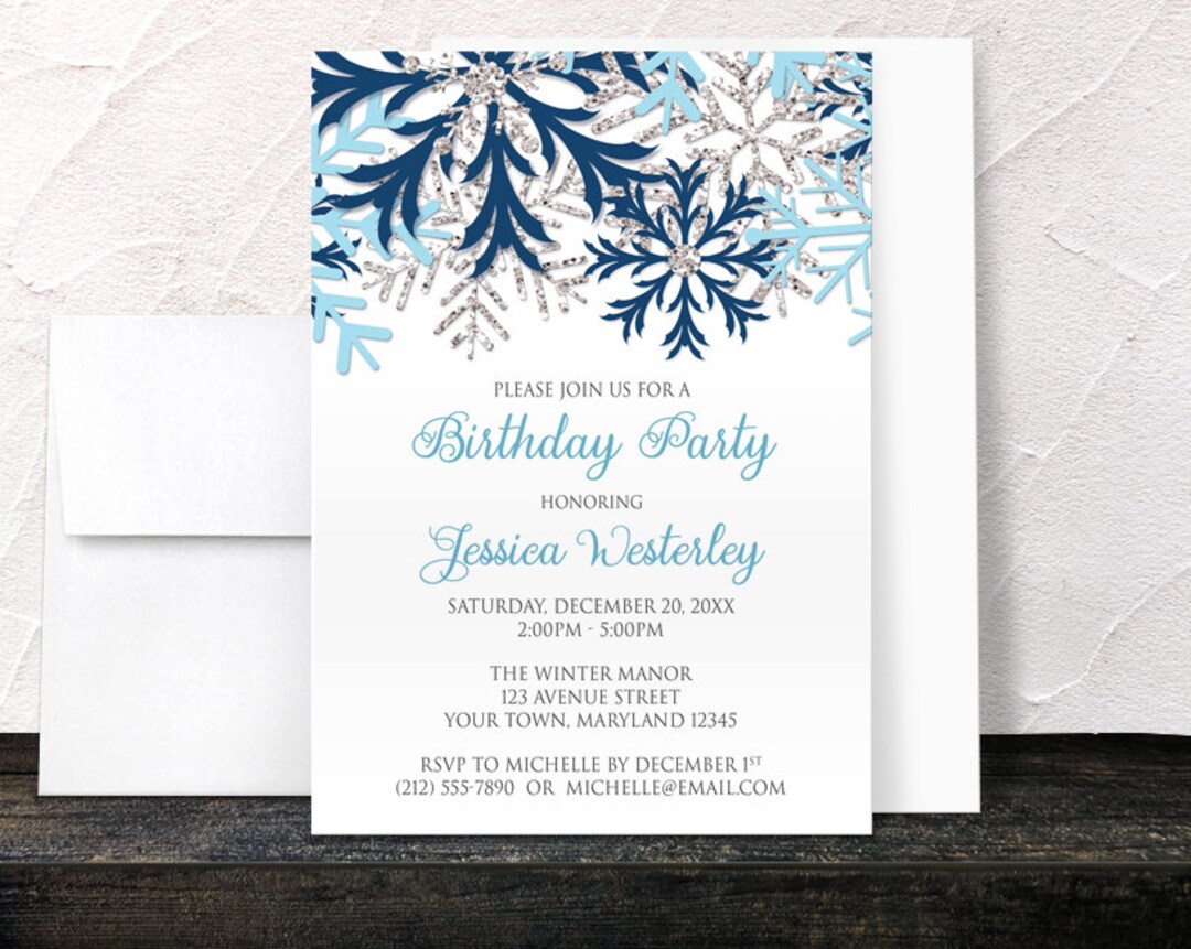 Winter Birthday Party Invitations - Blue and Silver Snowflakes Aqua ...