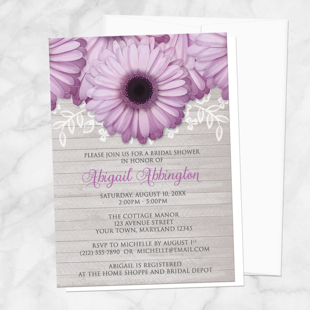 Purple Daisy Bridal Shower Invitations - Rustic Floral and Light Gray ...