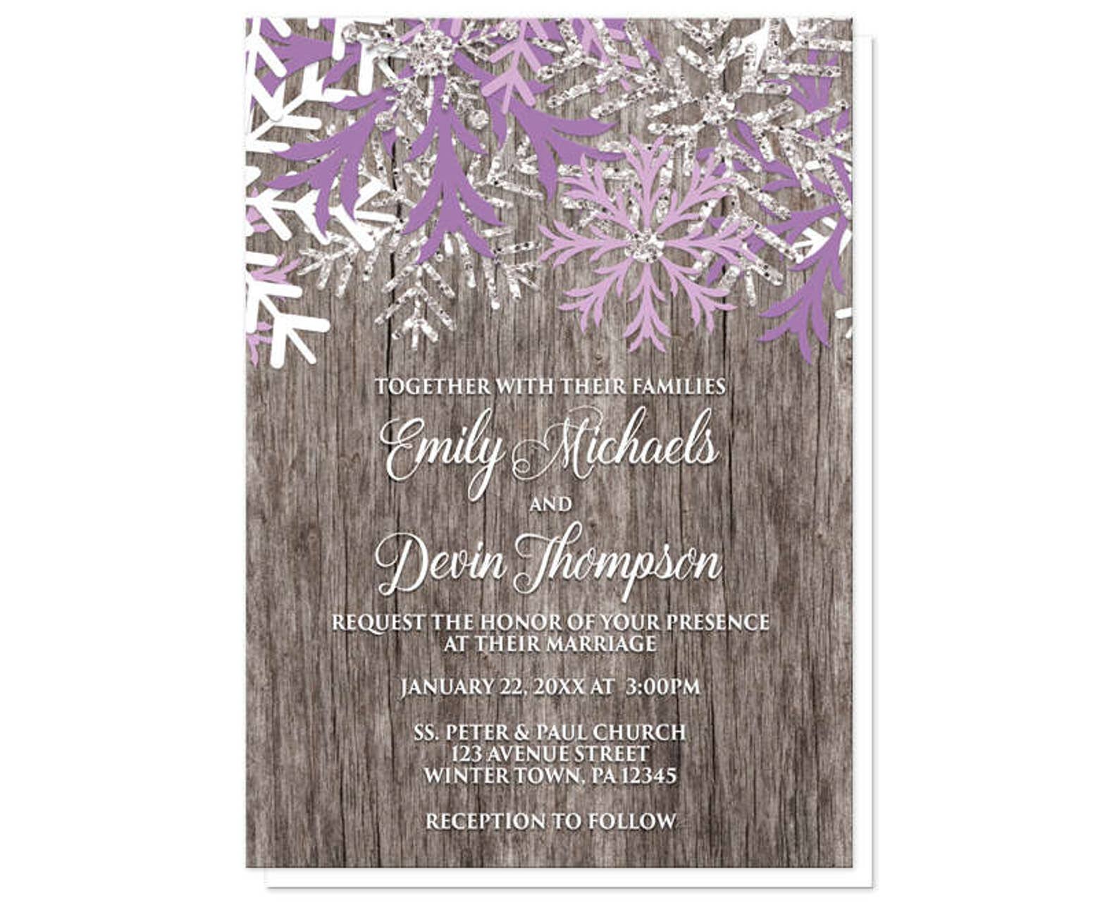 Rustic Winter Wedding Invitations, Purple Snowflake Design Over Country ...