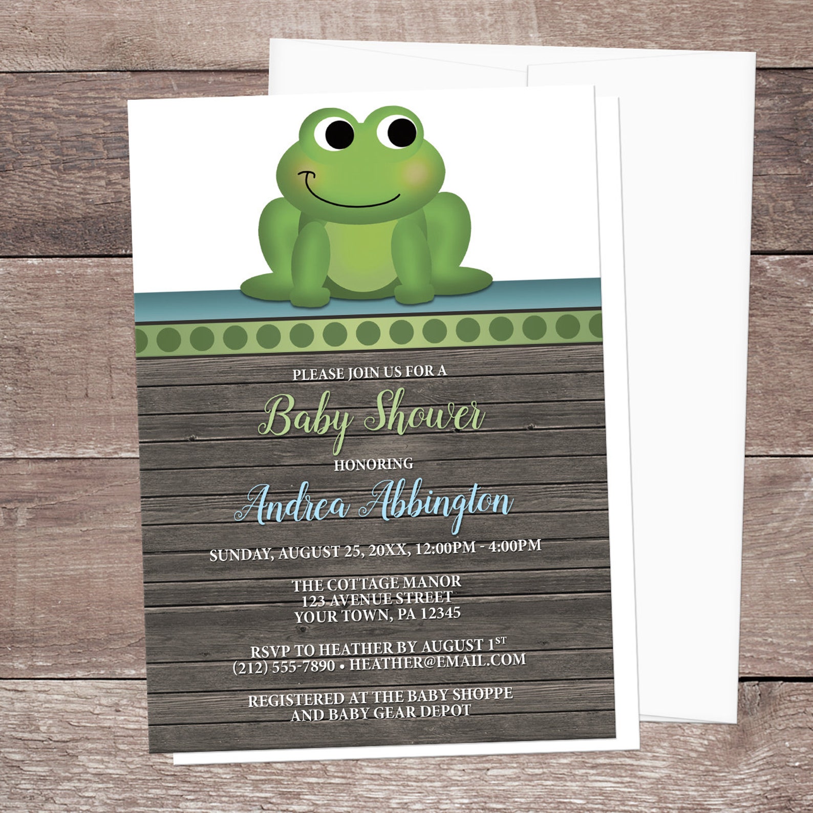 Frog Baby Shower Invitations Rustic Wood, Cute Blue Green Frog Shower ...
