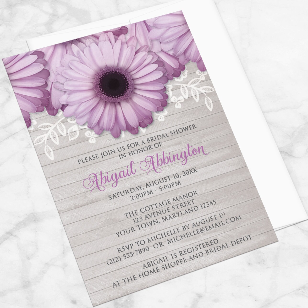Purple Daisy Bridal Shower Invitations Rustic Floral and Light Gray ...