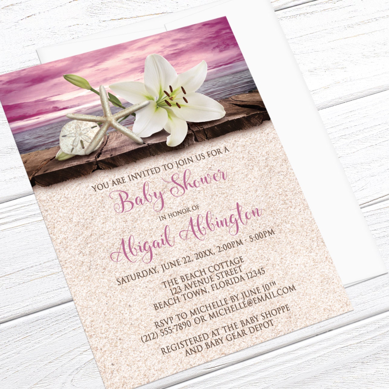 Beach Baby Shower Invitations: Lily, Starfish, Rustic Dock Pink ...