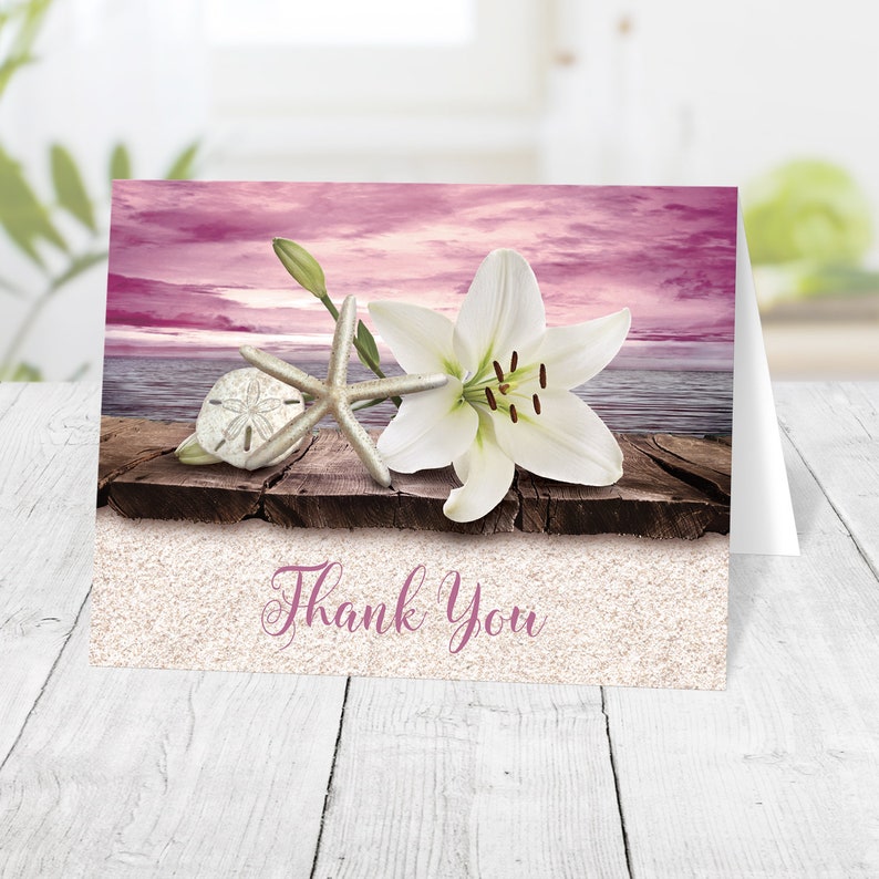 Beach Thank You Cards Lily Seashells Sand Magenta Plum Pink - Etsy