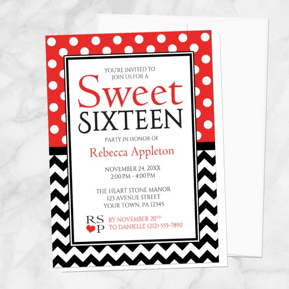 Red Sweet 16 Invitations, Red Polka Dot with Black and White Chevron ...