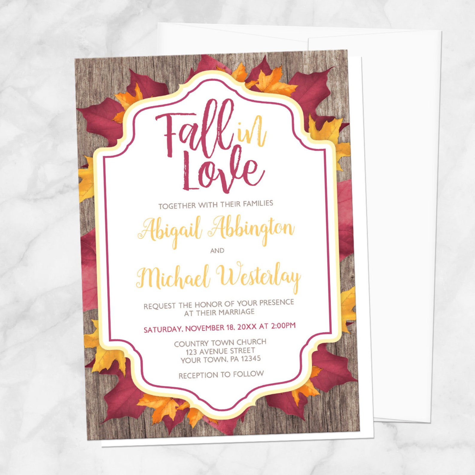 Fall in Love Wedding Invitations, Rustic Burgundy Gold Autumn Invites ...