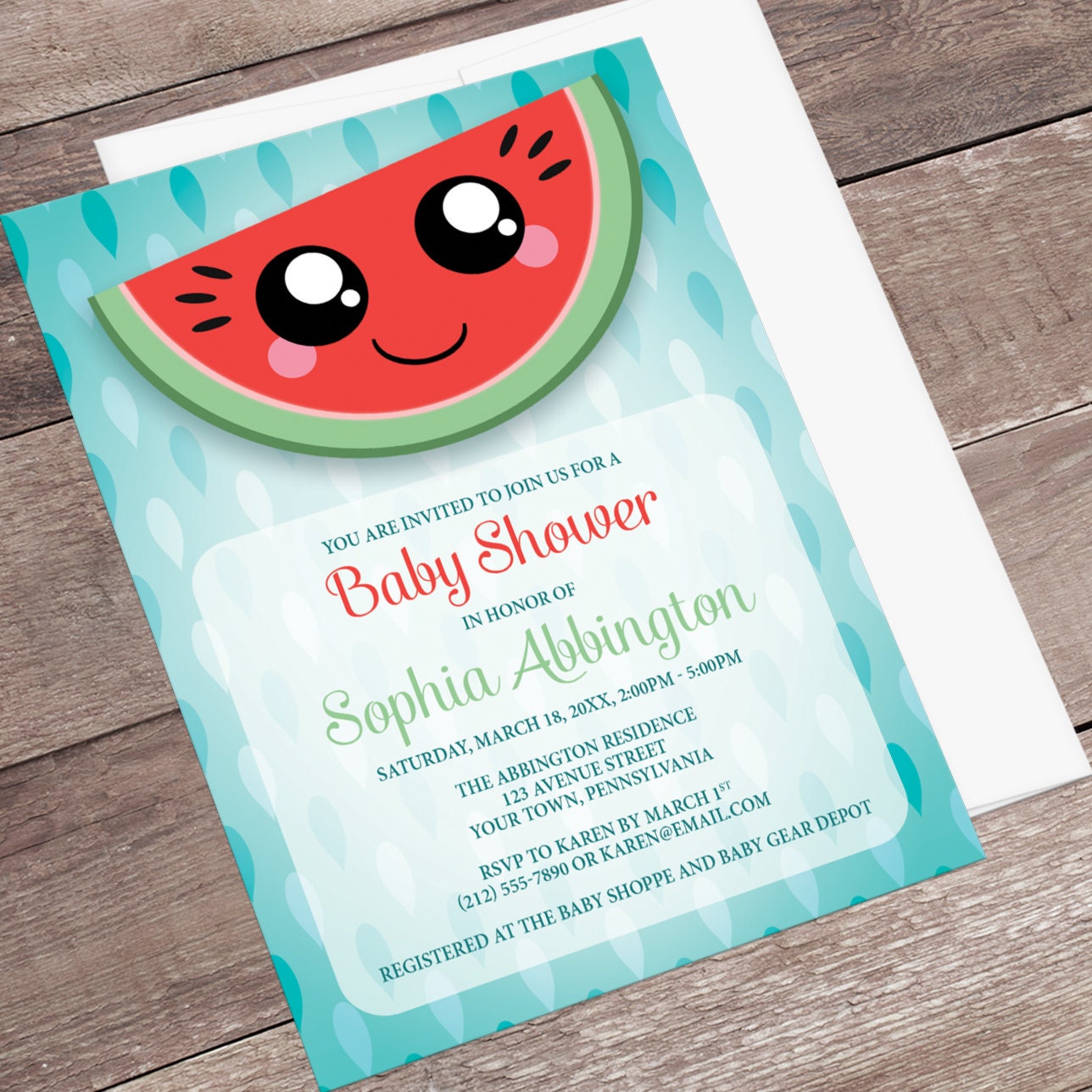 Watermelon Baby Shower Invitations Girl Smiling Watermelon Slice Kawaii ...