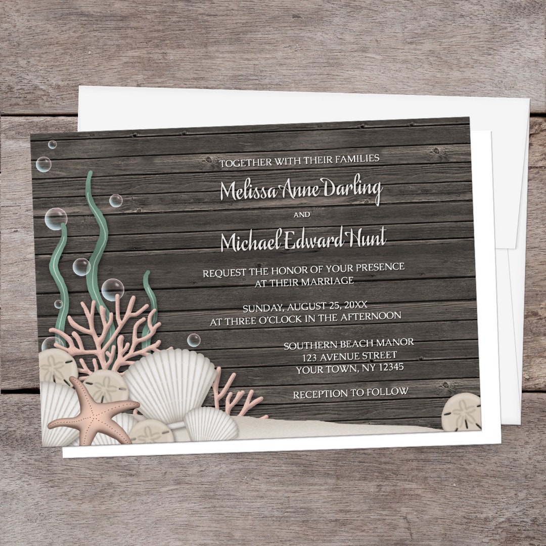 Rustic Beach Wedding Invitations: Seashells, Sand, Wood (printed) - Etsy