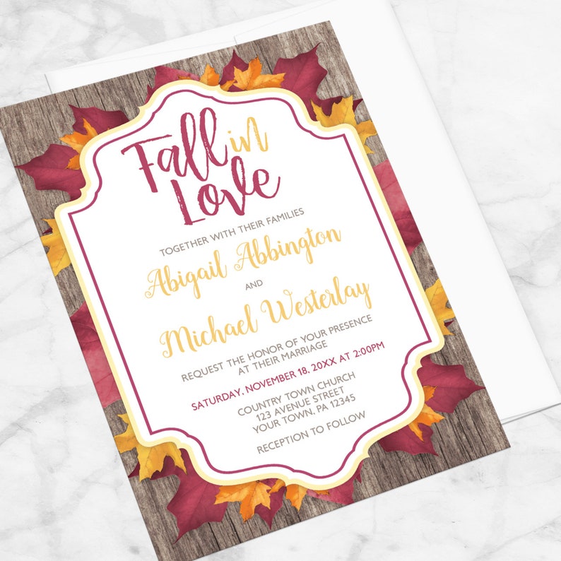 Fall in Love Wedding Invitations, Rustic Burgundy Gold Autumn Invites ...