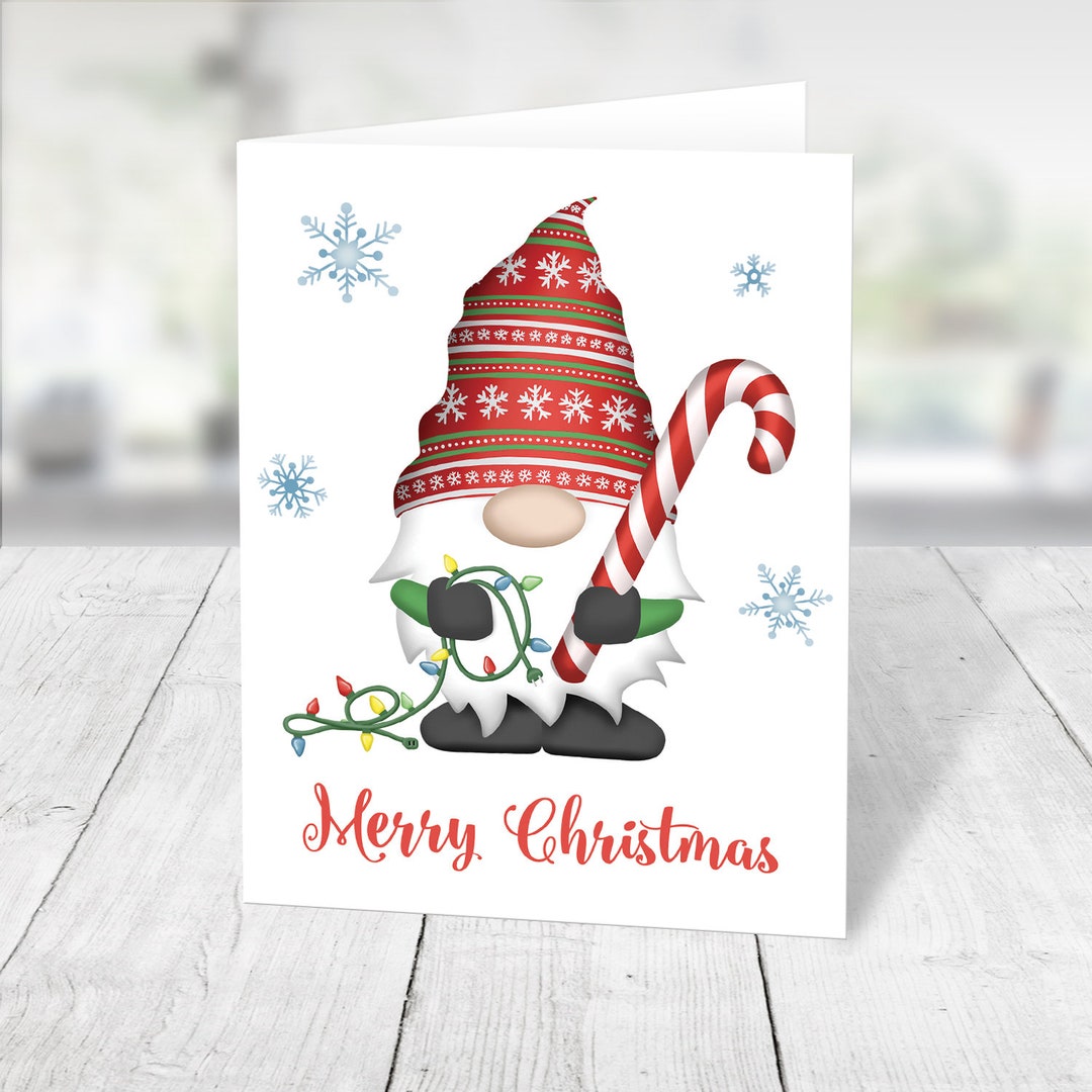 Holiday Gnome Christmas Cards: Candy Cane & Lights, Printed Cards - Etsy