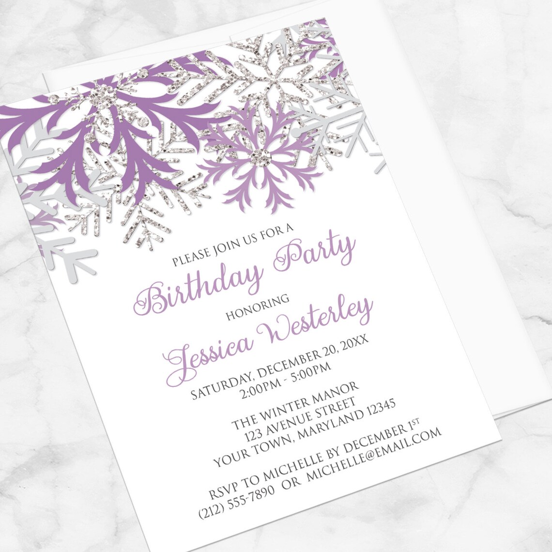 Winter Birthday Party Invitations, Purple Silver Snowflake - Printed - Etsy