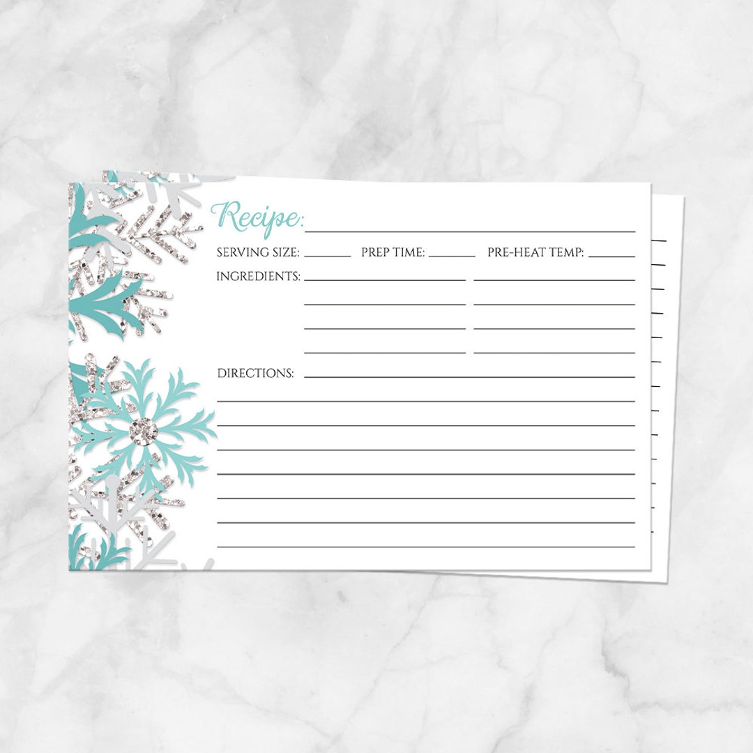 Winter Recipe Cards, Teal Silver Snowflake, Double-sided - 4x6 Printed ...