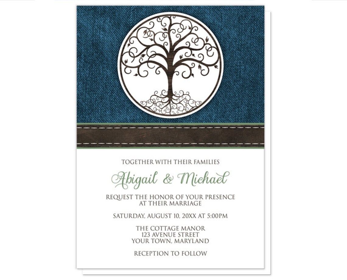 Tree of Life Wedding Invitations: Rustic Denim and Leather-illustrated ...