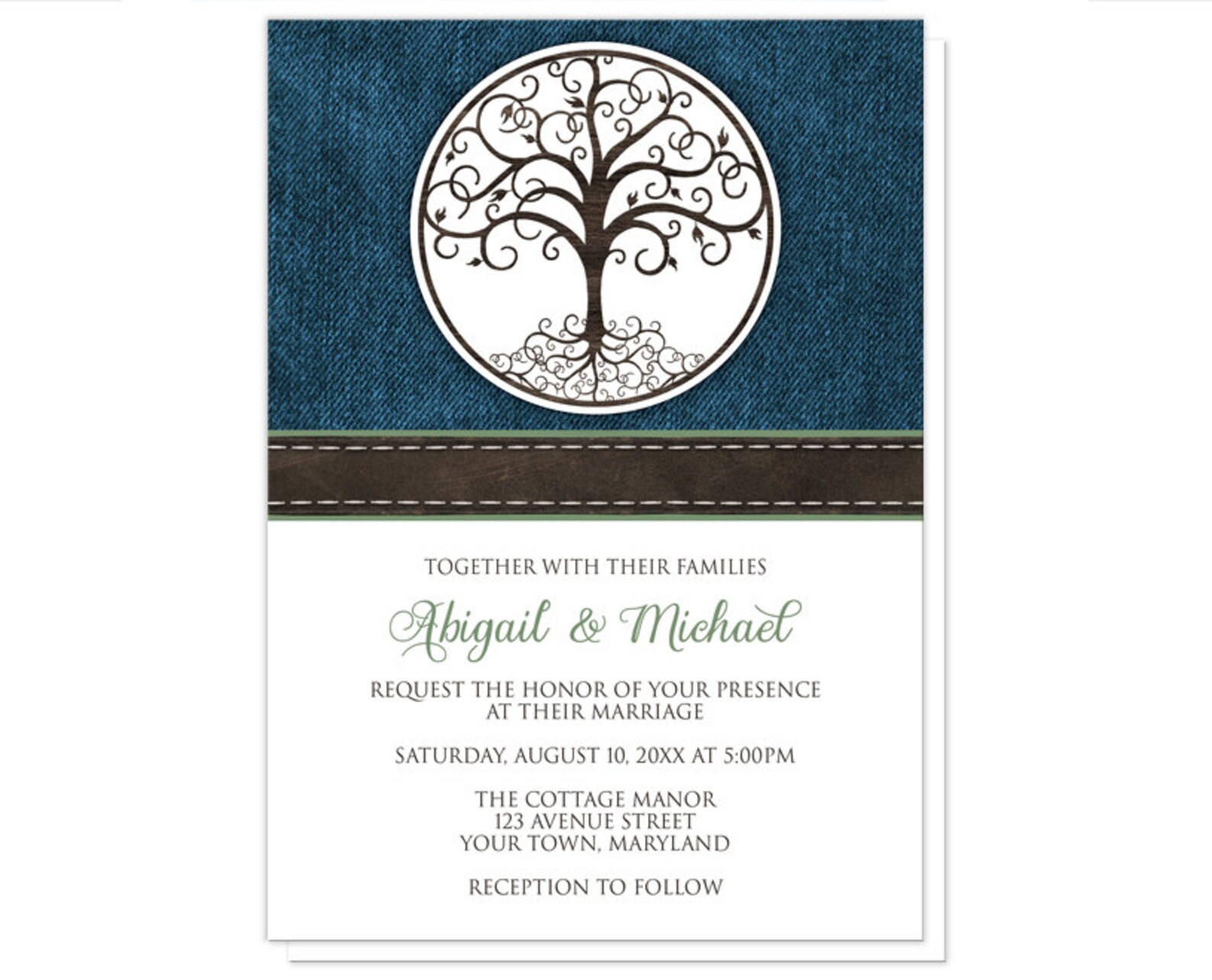 Tree of Life Wedding Invitations: Rustic Denim and Leather-illustrated ...