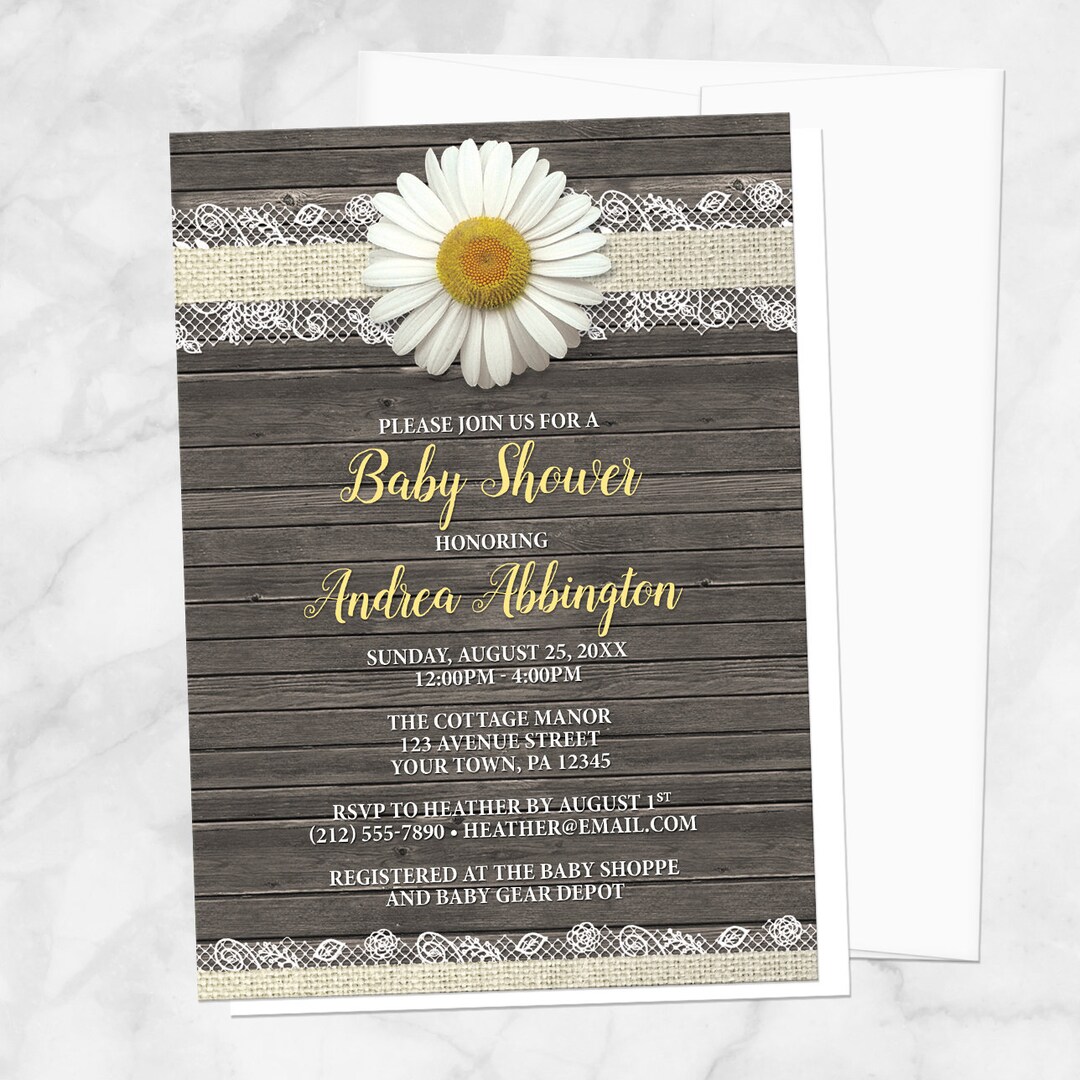 Daisy Baby Shower Invitations - Burlap Lace Rustic Wood - Yellow Floral ...