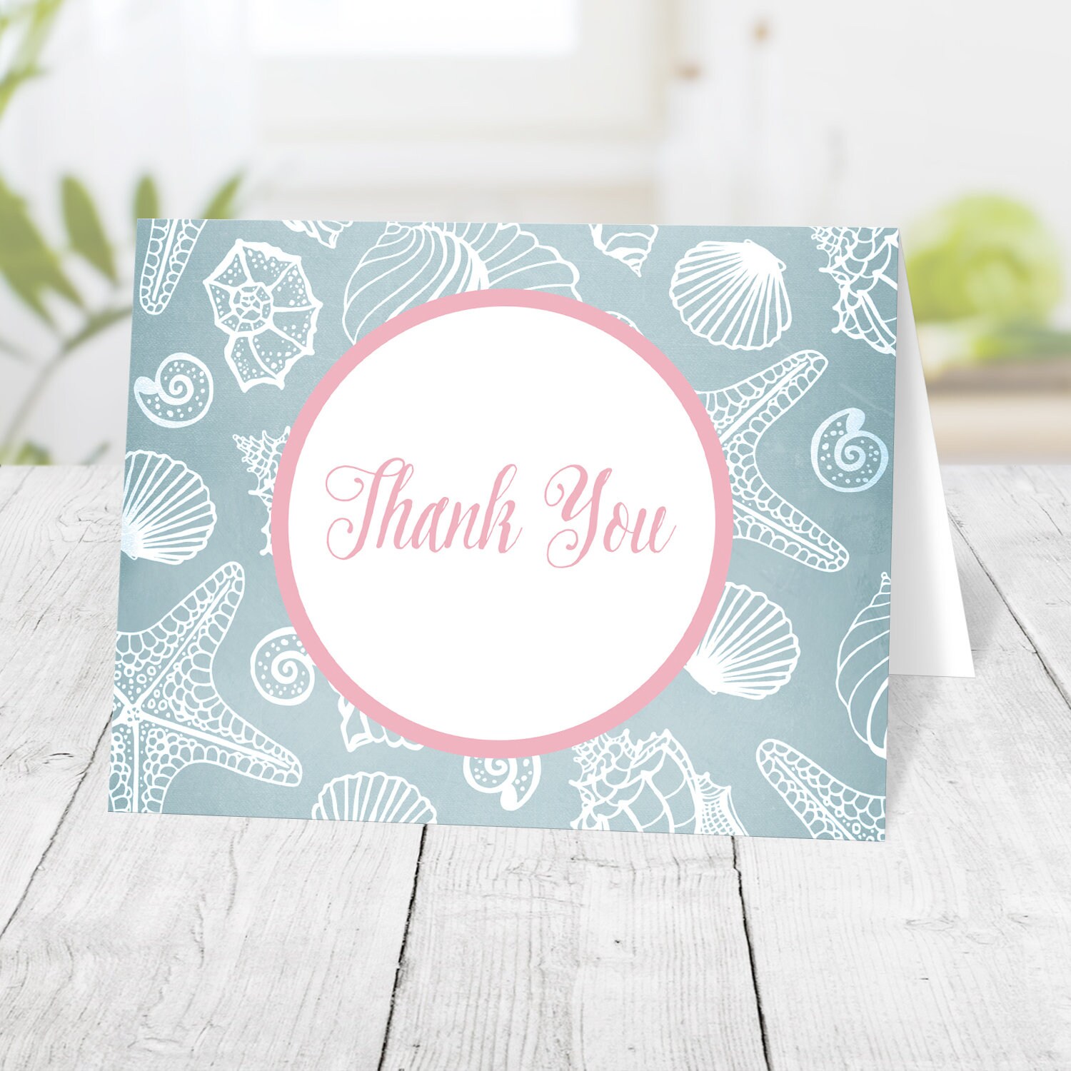 Beach Thank You Cards, Blue Seashell Pattern With Pink - Printed - Etsy