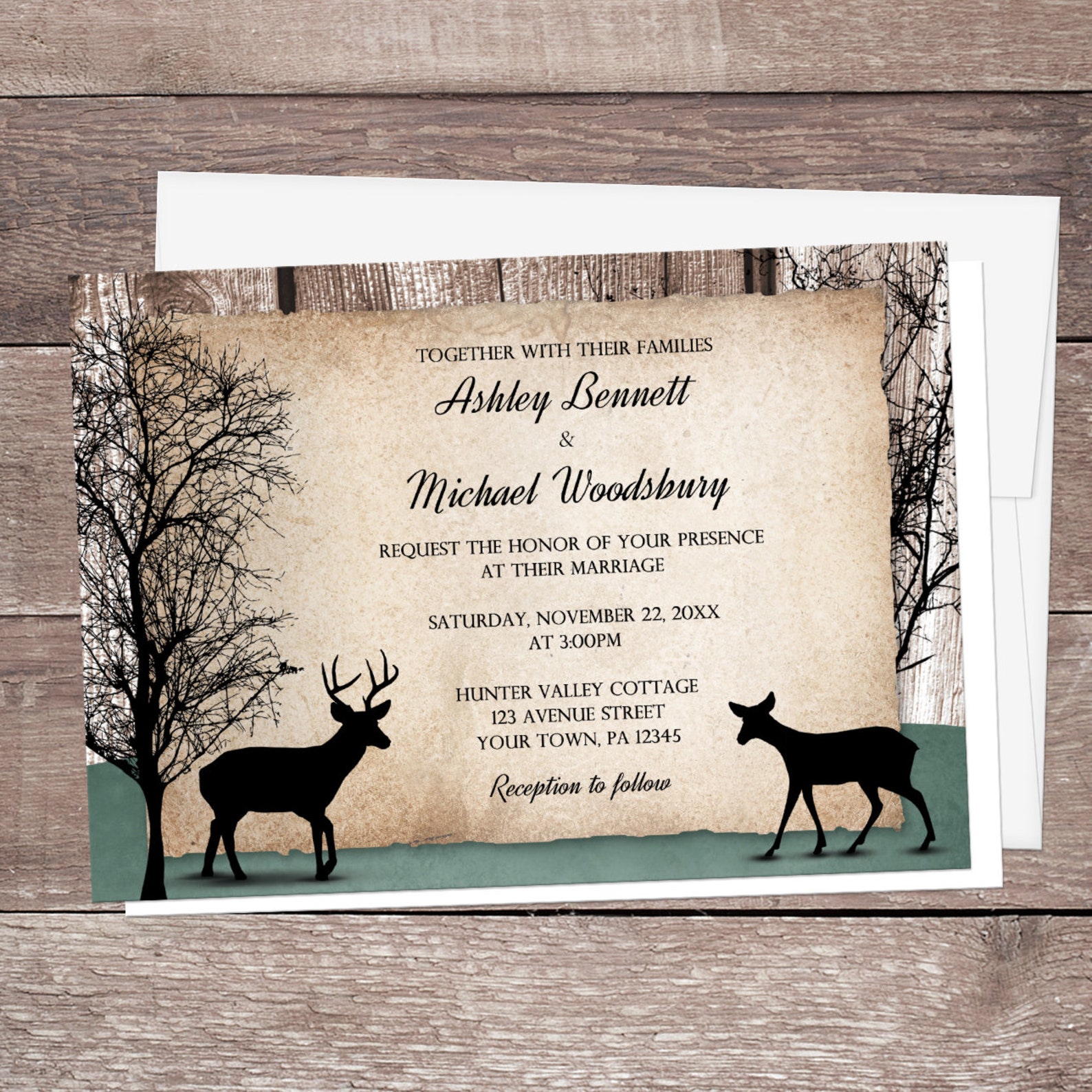 Rustic Woodsy Deer Wedding Invitations - Winter Trees Deer-theme ...