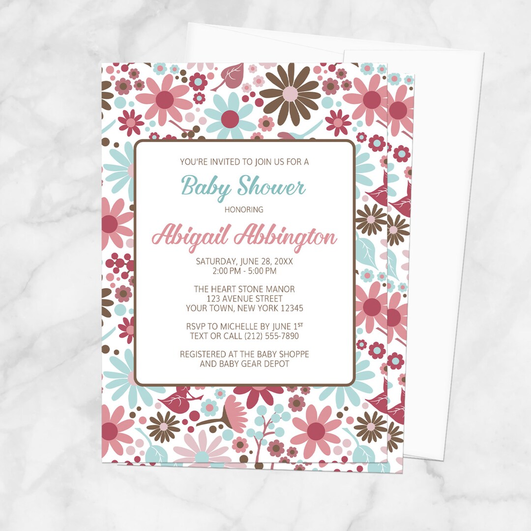 Summer Baby Shower Invitations, Blue Berry Pink Brown Flowers, Floral ...