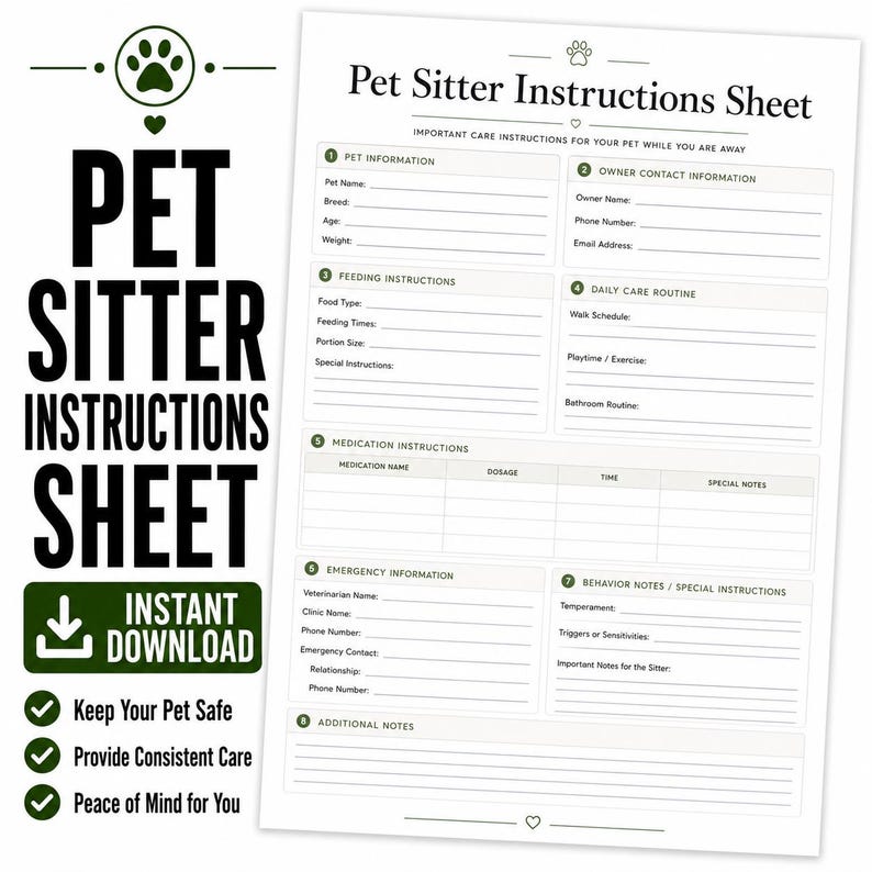 Pet Sitter Instruction Sheet Printable | Pet Care Instructions PDF ...