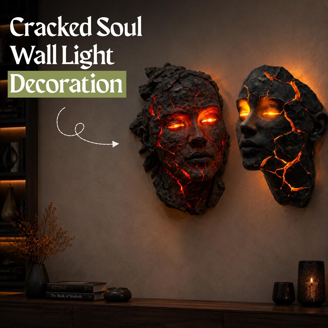 Cracked Soul LED Wall Decor Gothic Resin Face Sculpture Lava Glow Light ...