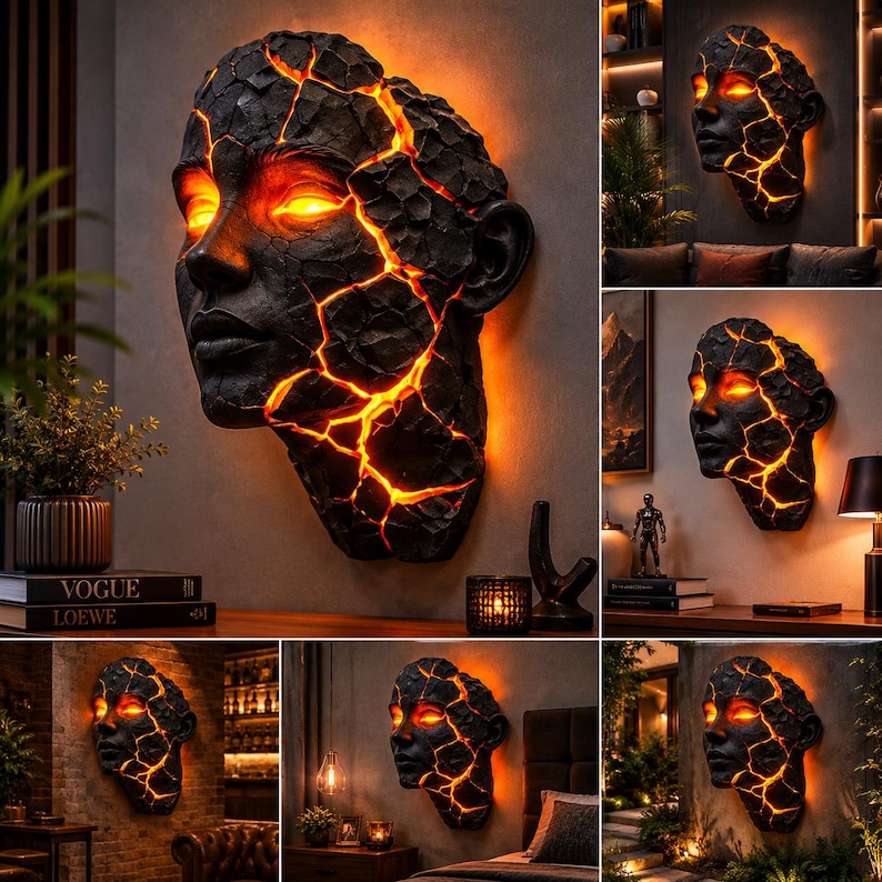 Cracked Soul LED Wall Decor Gothic Resin Face Sculpture Lava Glow Light ...