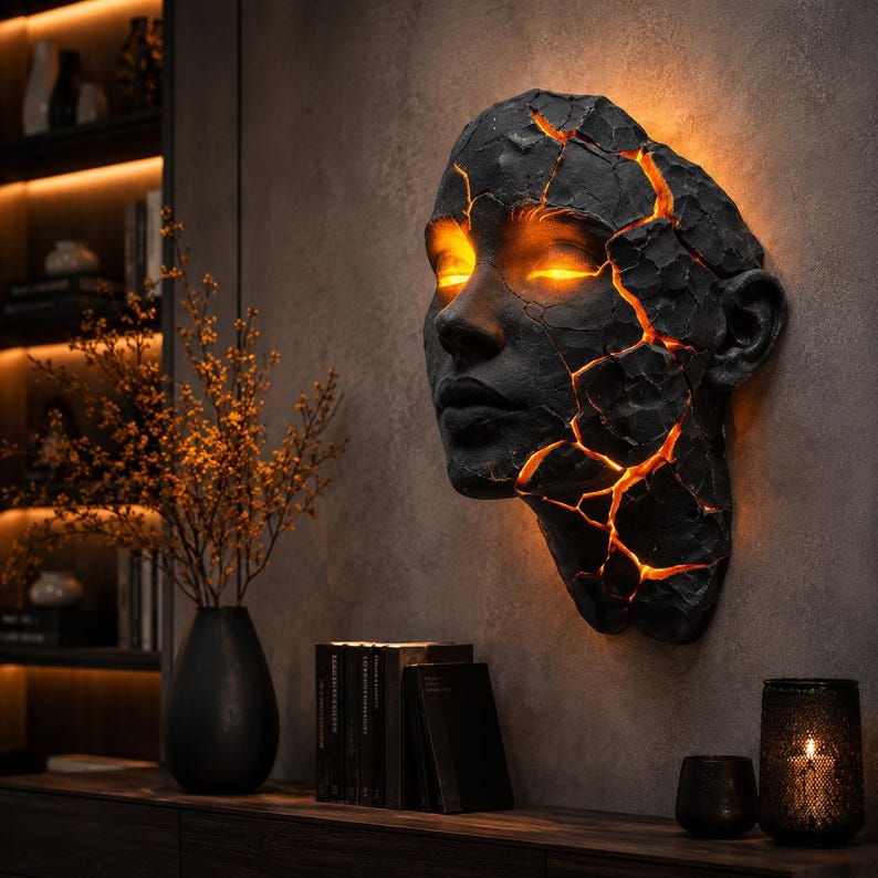 Cracked Soul LED Wall Decor Gothic Resin Face Sculpture Lava Glow Light ...