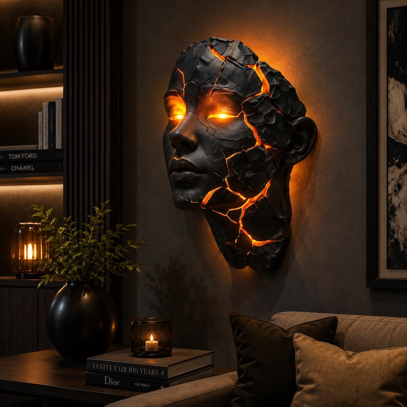 Cracked Soul LED Wall Decor Gothic Resin Face Sculpture Lava Glow Light ...