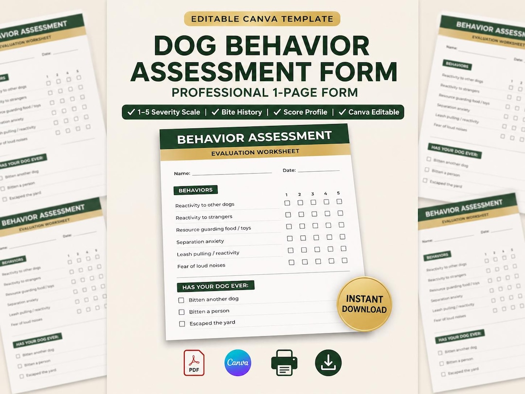 Dog Behavior Assessment Form Canva Template | 1–5 Severity Scale | Bite ...