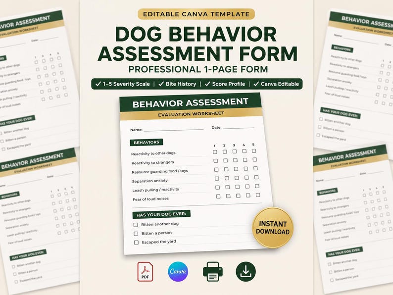 Dog Behavior Assessment Form Canva Template | 1–5 Severity Scale | Bite ...
